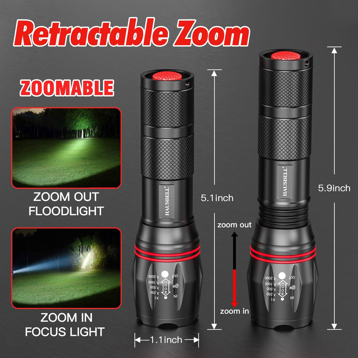HAUSBELL LED A100 Flashlight Pack - 4 Zoomable Tactical Flashlights, H ...