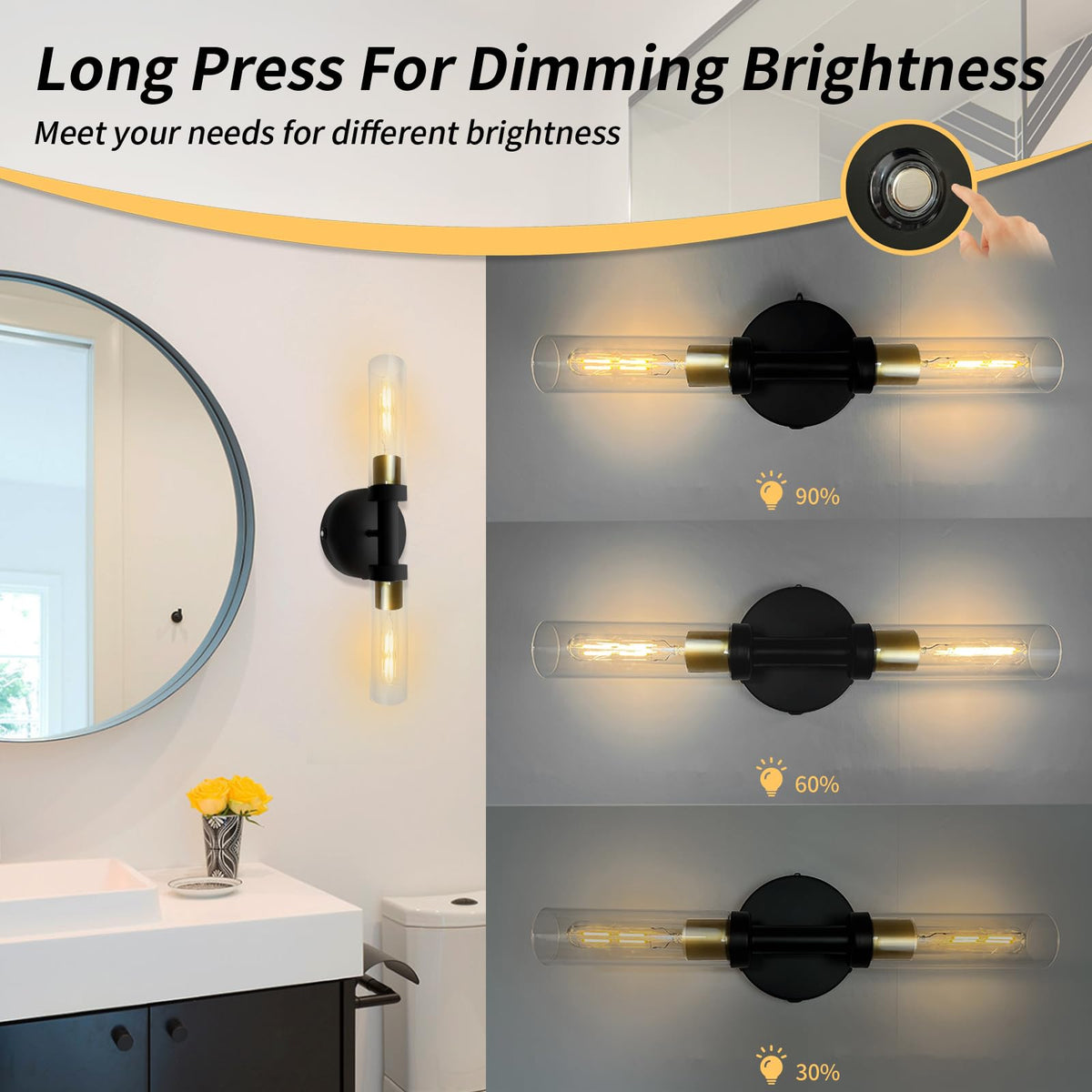 ThyFenno Rechargeable Dimmable Wall Sconce Set of 2, Touch Control, Bl ...