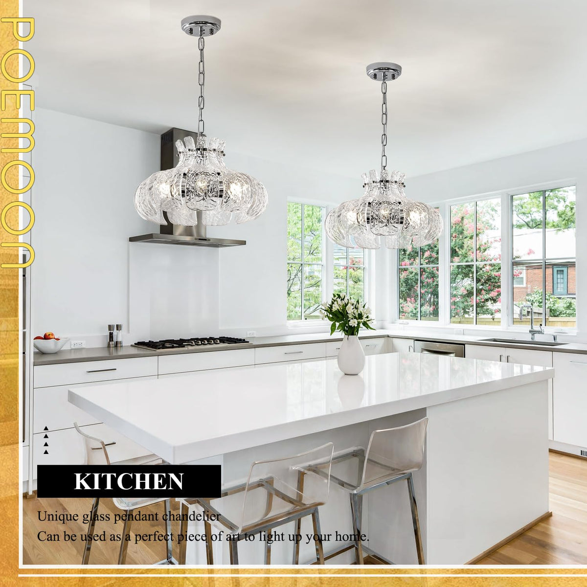 Poemoon 6-Light Water Ripple Glass Chandelier, 15.7" Chrome Pendant Li ...