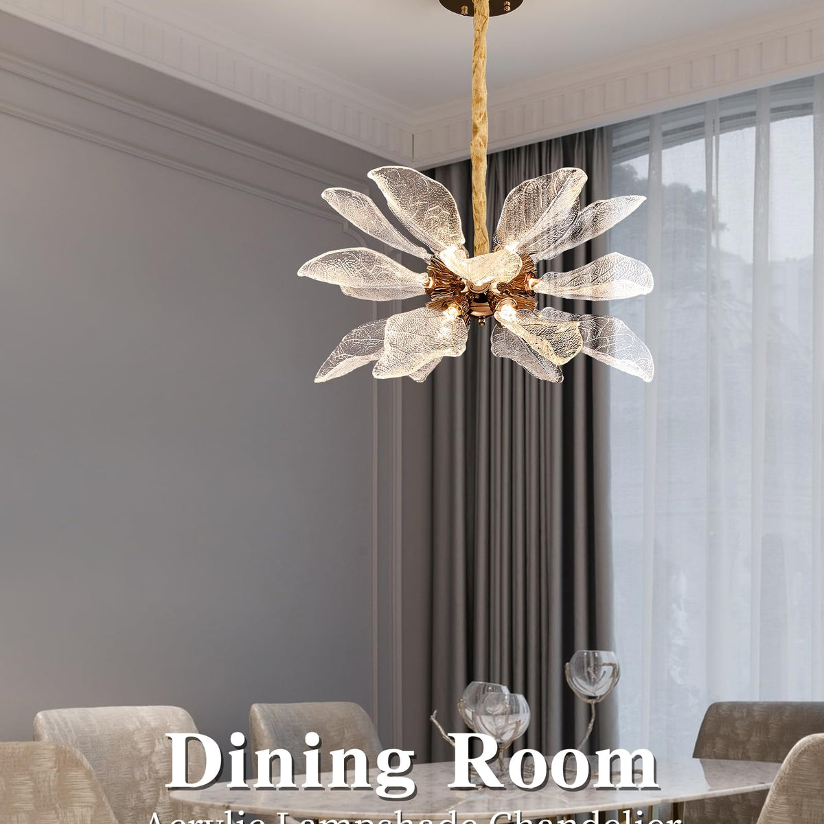 witkey Modern 18-Light Gold Leaf Chandelier, 25.59" Adjustable Pendant ...
