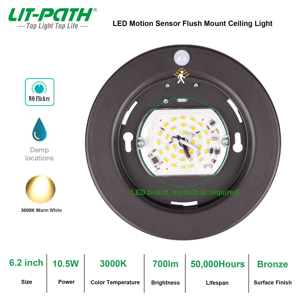 LIT-PaTH LED Flush Mount Ceiling Light with Motion Sensor, 10.5W, 700 ...