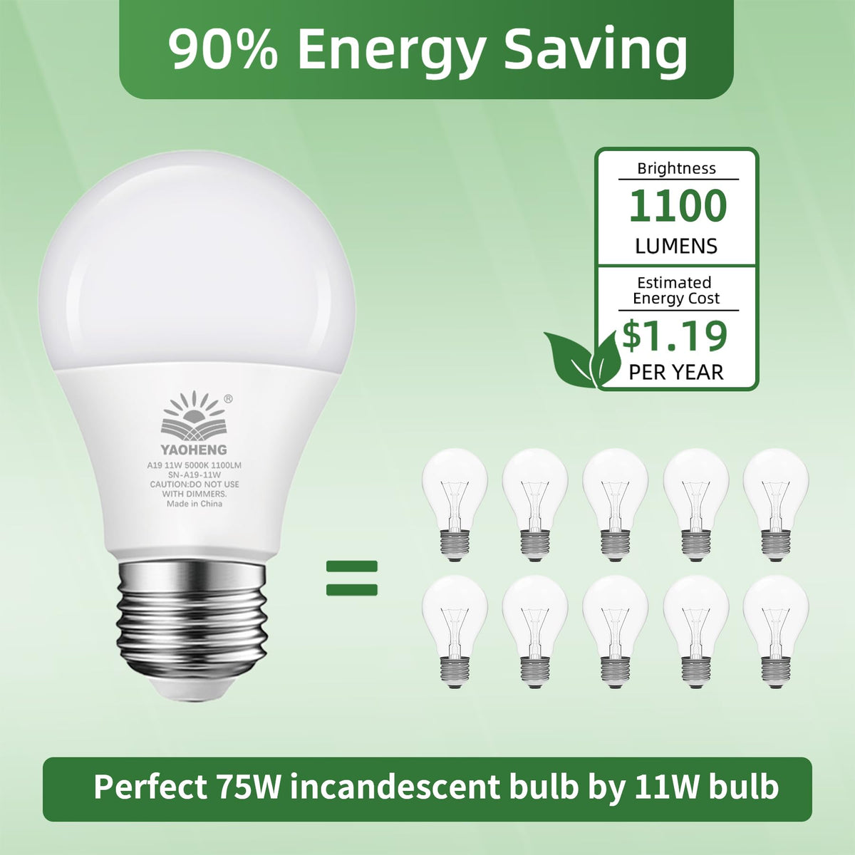 Yaoheng A19 Led Light Bulb 75 Watt Equivalent, 11 Watt Light Bulbs, 50 ...