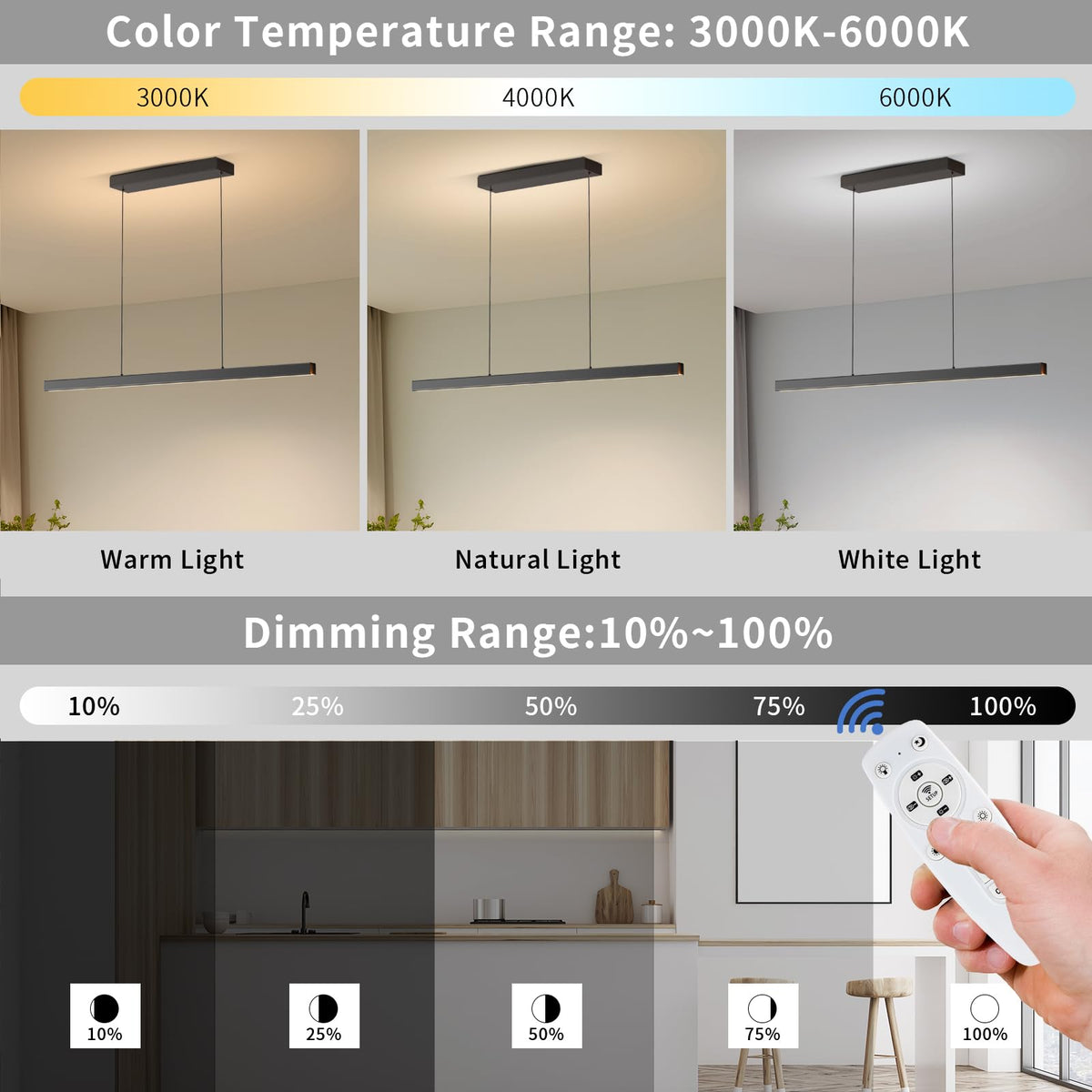 Zihoi Modern Ceiling Pendant Light 57In Led Black Linear Ceiling Chand ...