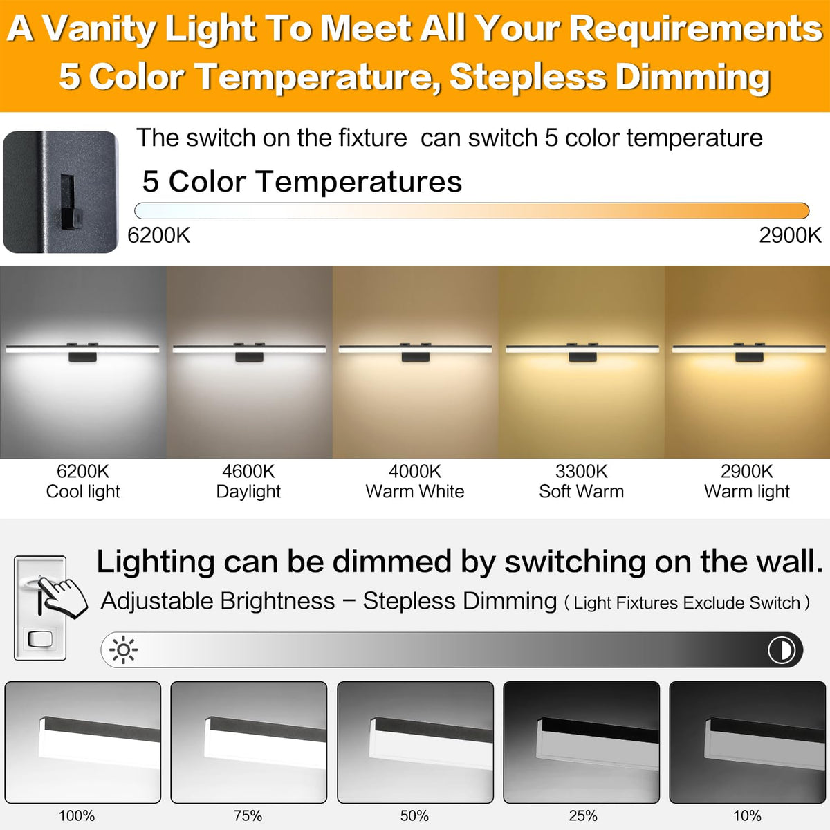 SOLFART Dimmable LED Bathroom Vanity Light 39.4 Inch 5CCT Black Alumin ...