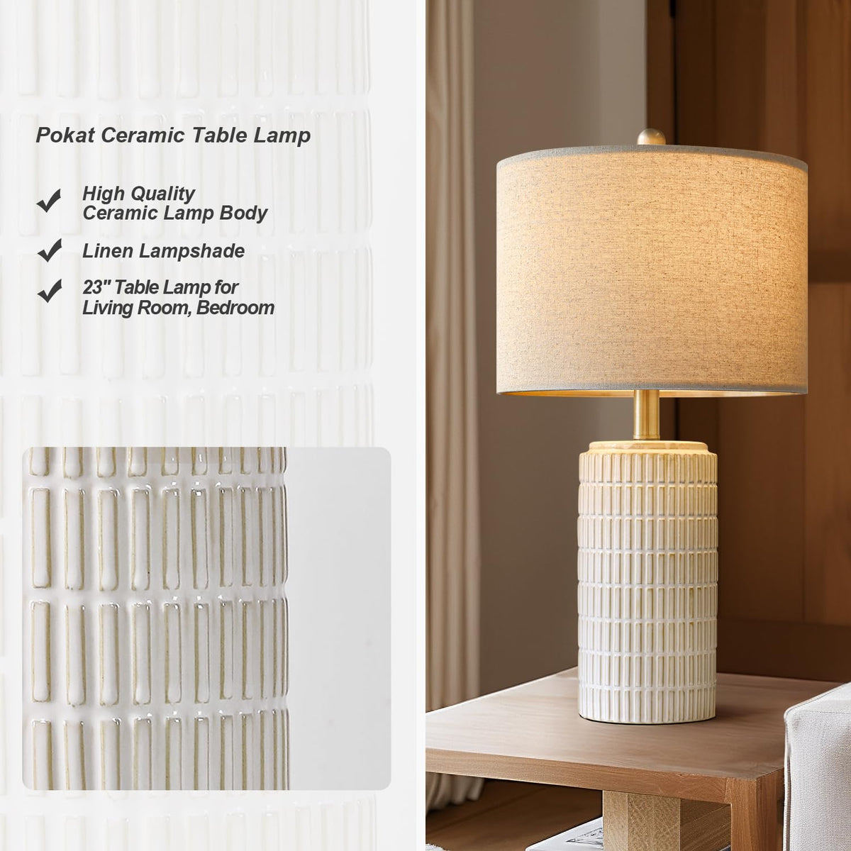 PoKat 23" Modern Ceramic Table Lamp Set of 2 for Living Room White Desk ...