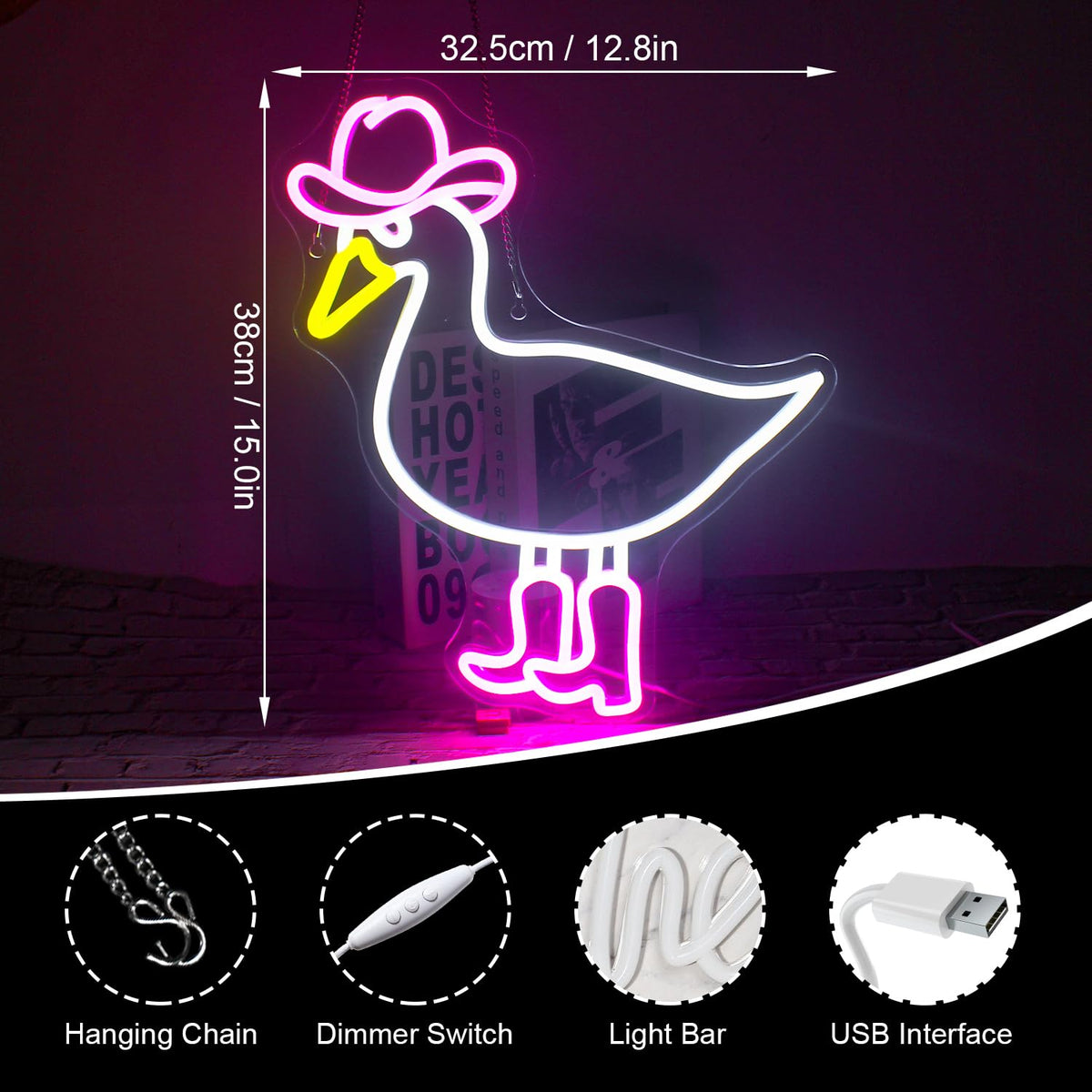 DREAMFORT Duck Neon Sign - USB Pink LED Wall Decor - 32.5 x 38 cm - Mo ...