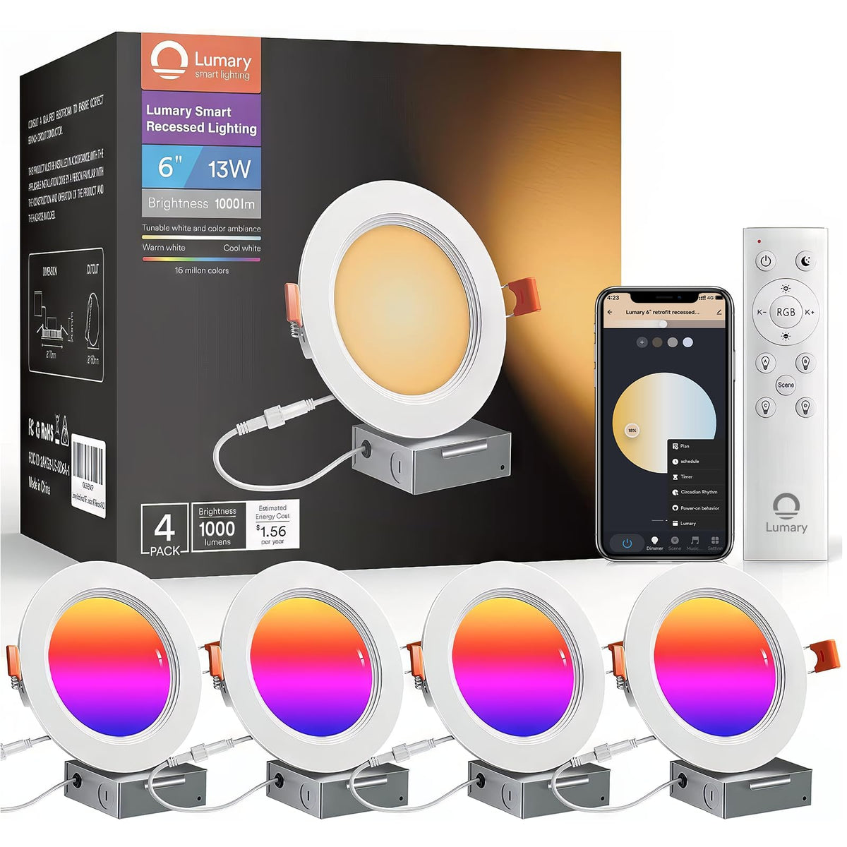 Lumary Smart WiFi LED Recessed Lighting 6 Inch, RGBWW, 13W 1000Lm, Met ...