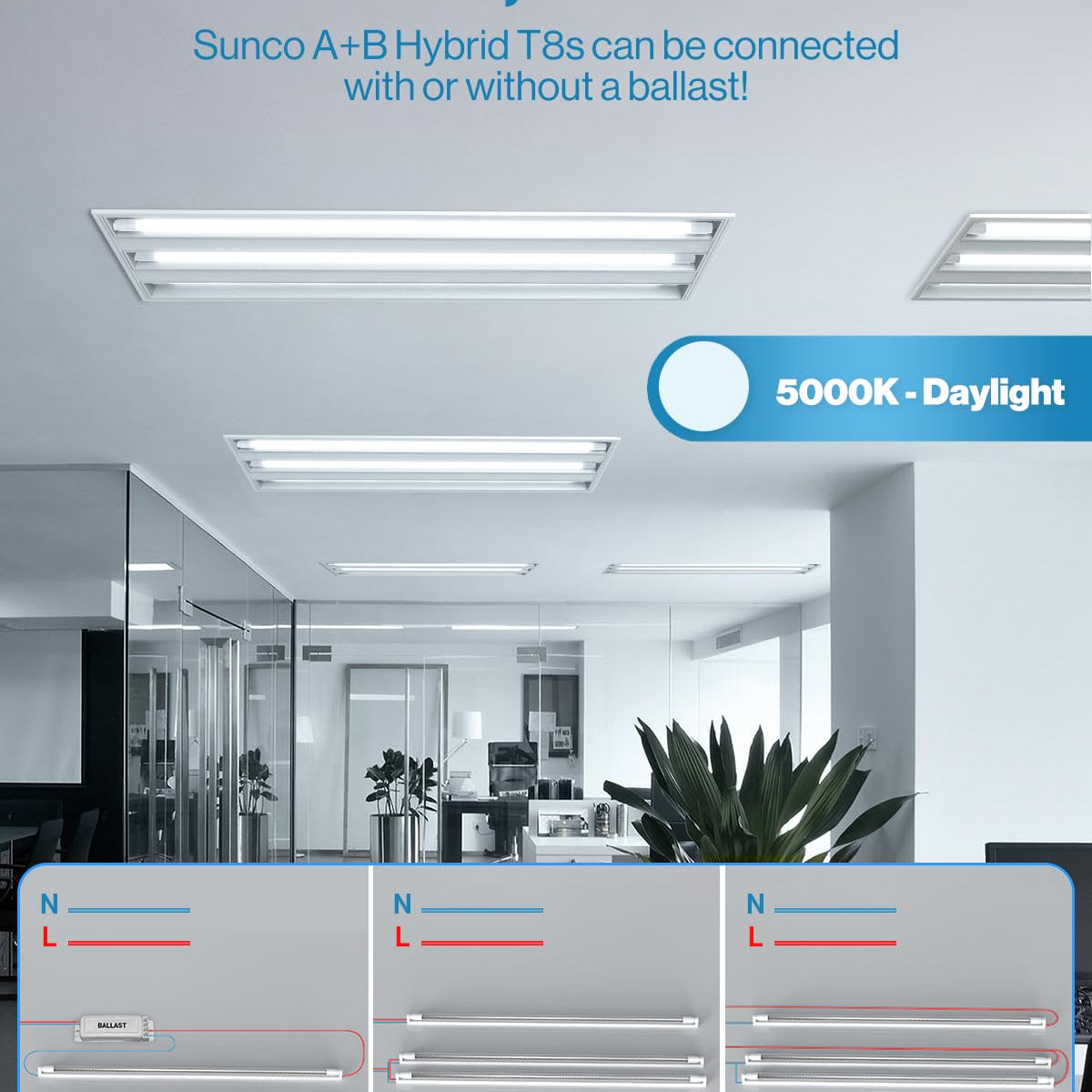 Sunco T8 LED Bulbs 50 Pack, 4 Foot, 20W, 2400 LM, 5000K Daylight, Clea ...