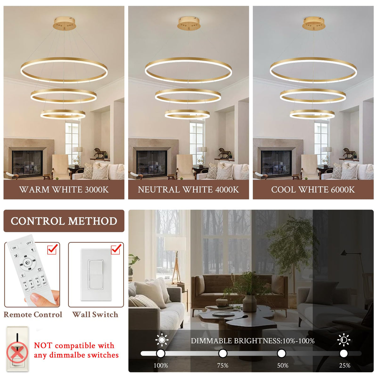 Sparklelf 3-Rings LED Chandelier, Dimmable Pendant Light, 31.5in Gold ...