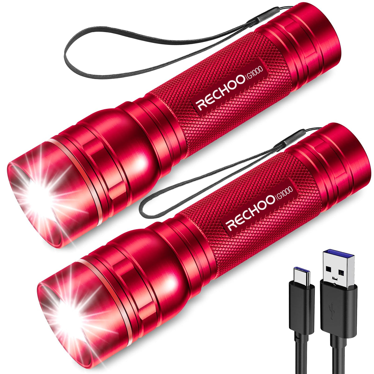 RECHOO G1000 Rechargeable Flashlights 2 Pack, Small LED Torch, 3 Light ...