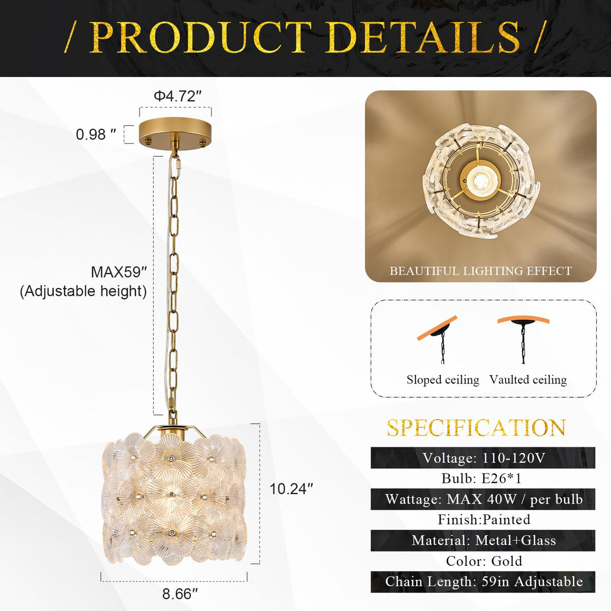 Poemoon 2-Pack Gold Glass Pendant Light Modern 1-Light Flower Small Ce ...