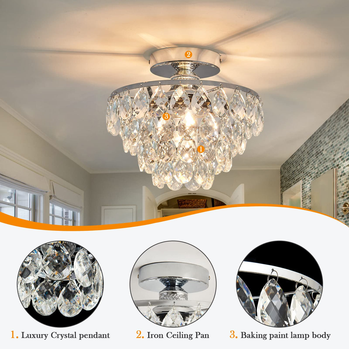 YYJLX Modern E26 Crystal Chandelier - Stylish Semi Flush Ceiling Light ...