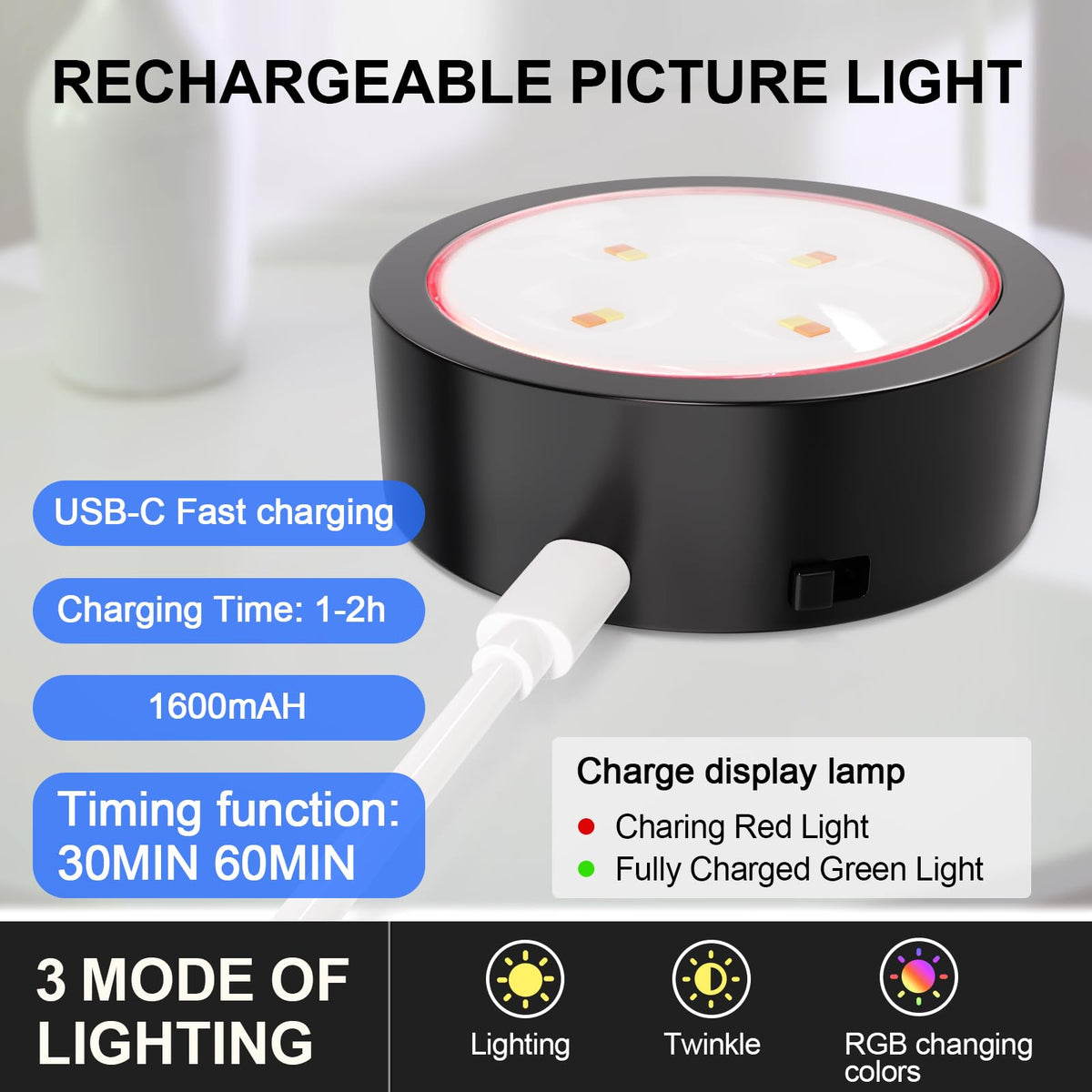 Narotood 3 Pack Picture Lights, RGB Color, Rechargeable Battery Operat ...