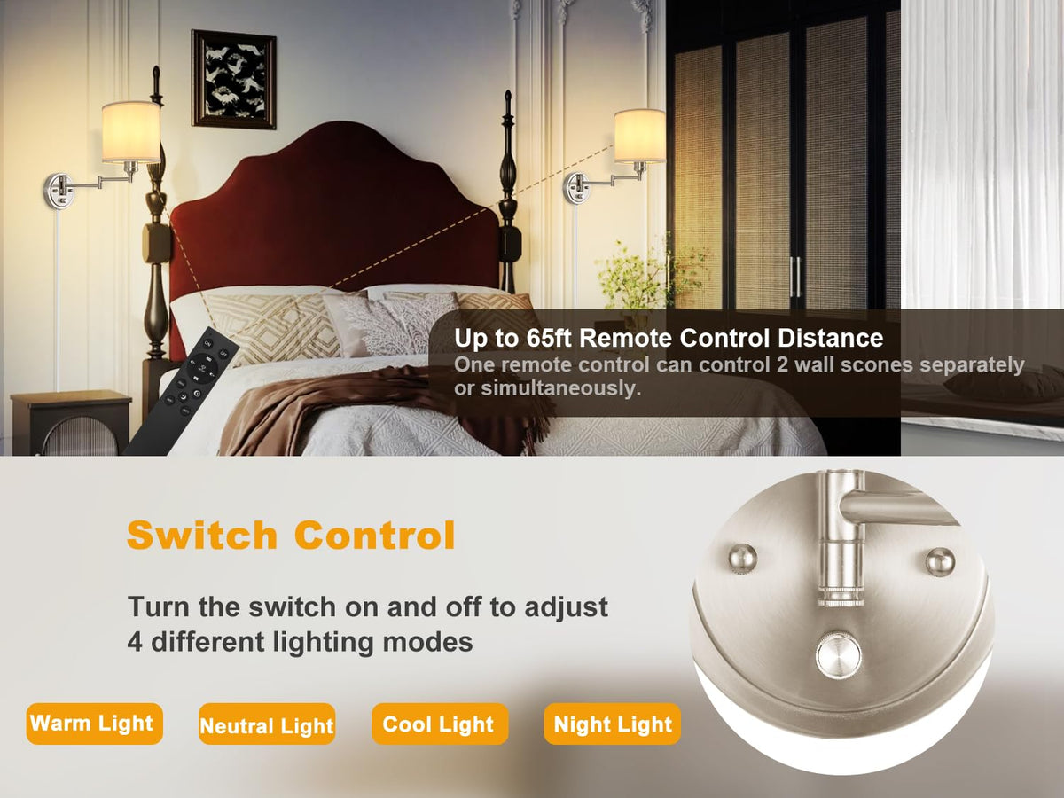 GOODATE Plug-in Wall Sconces Set of Two, Remote Control, Dimmable, Adj ...
