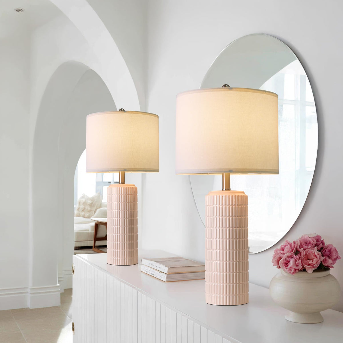 PoKat 27.5" Pink Ceramic Table Lamps Set of 2 - Modern Bedside Lightin ...