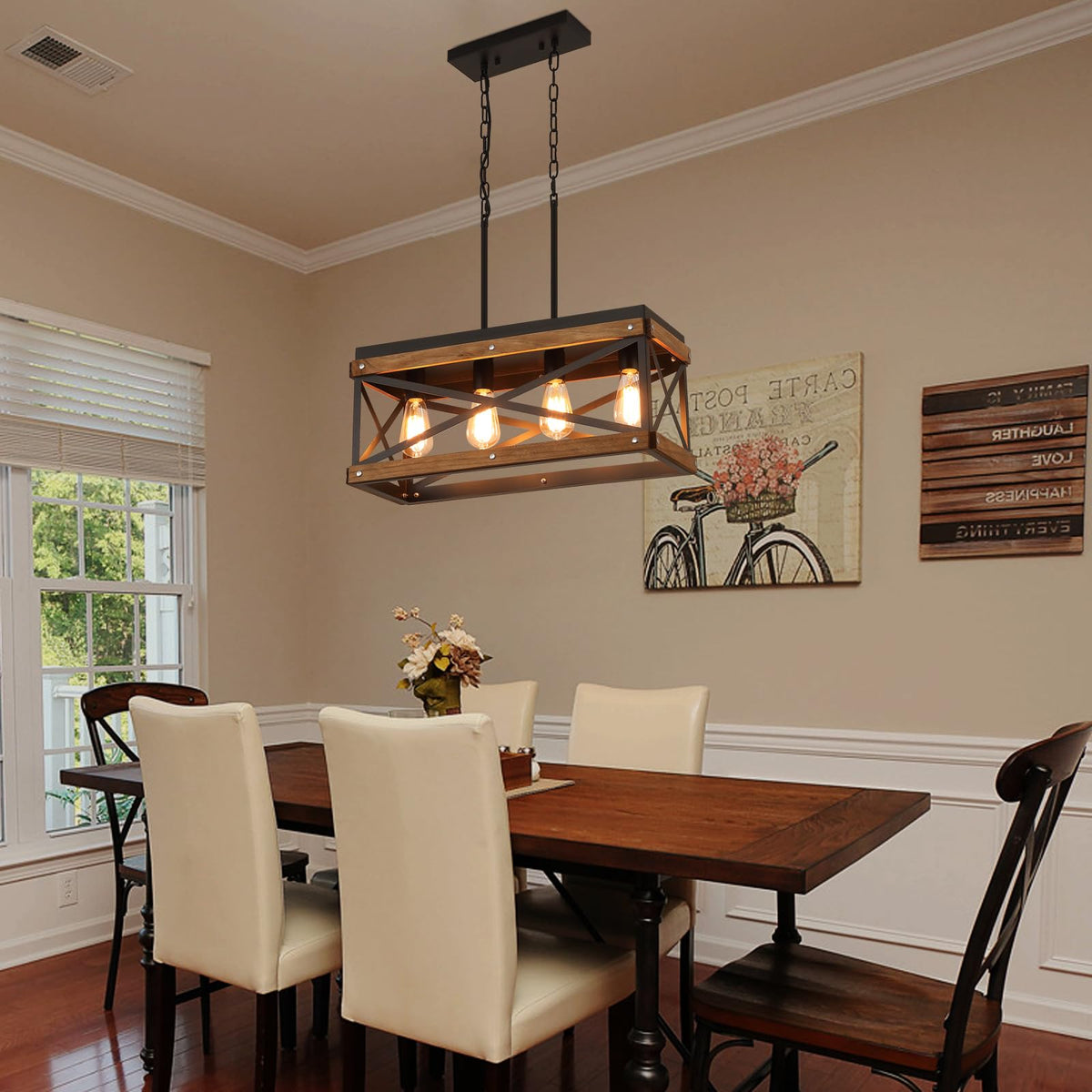 Rustic Farmhouse Wood Kitchen Island Lighting 4 Lights Rectangular Pen ...