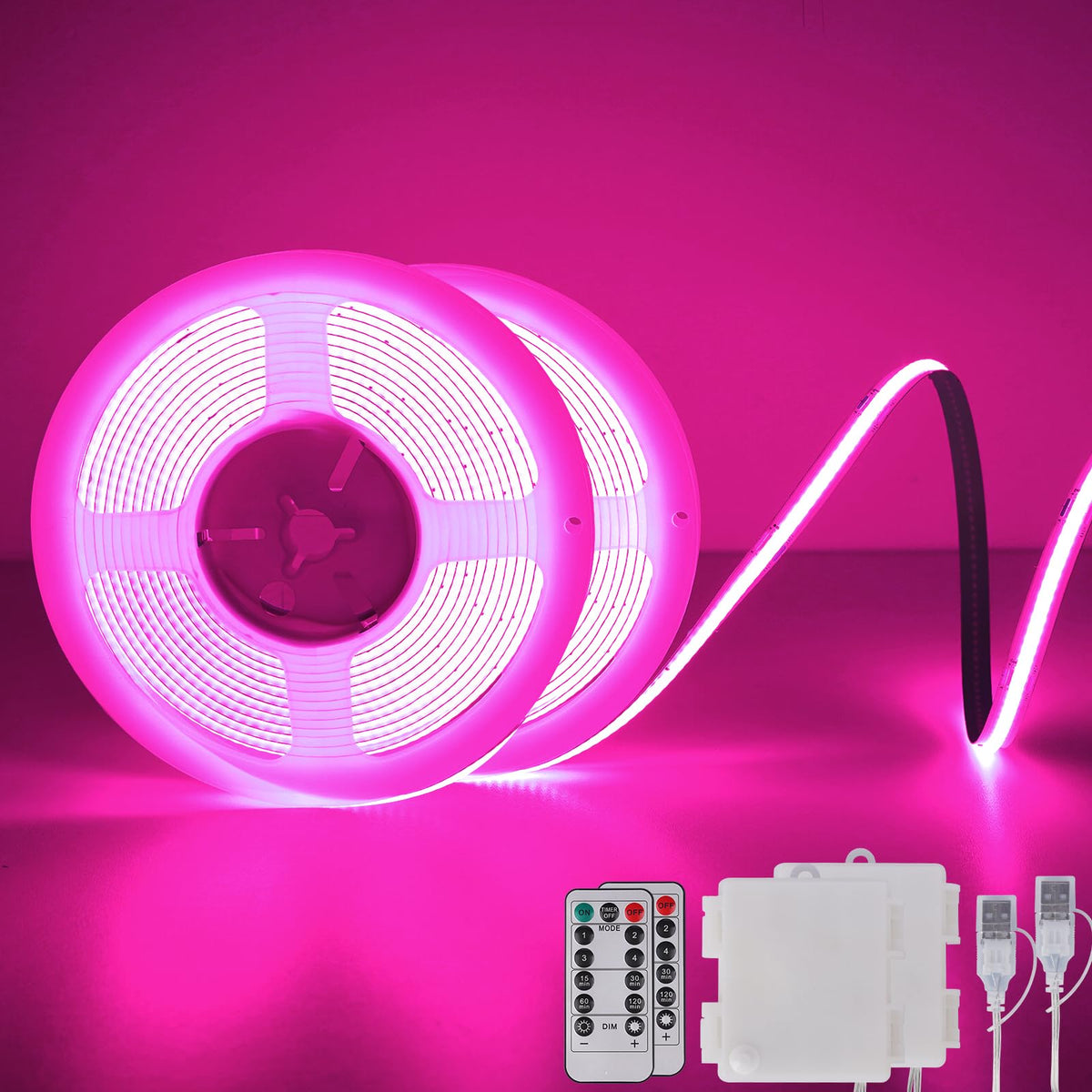 Omika Pink Cob Led Strip Lights Battery Powered With Remote 6.56Ft 640 ...