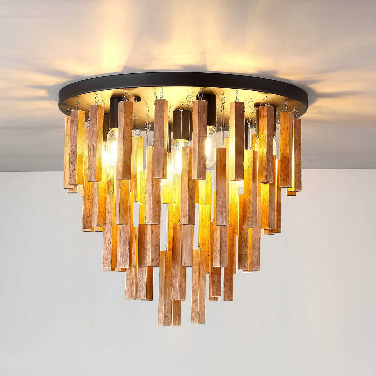 Fivootvi 7-Light Flush Mount Ceiling Lamp - Rustic Oak & Black, Iron ...
