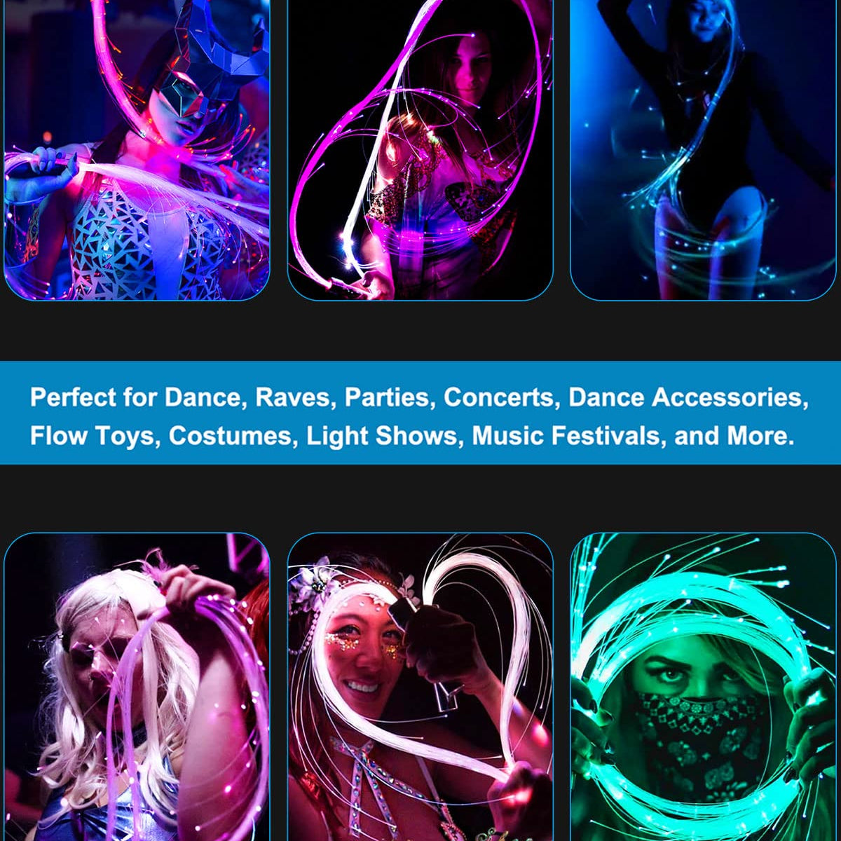 SZYICONG 6ft LED Fiber Optic Whip Dance, USB Rechargeable, 7 Colors, 4 ...