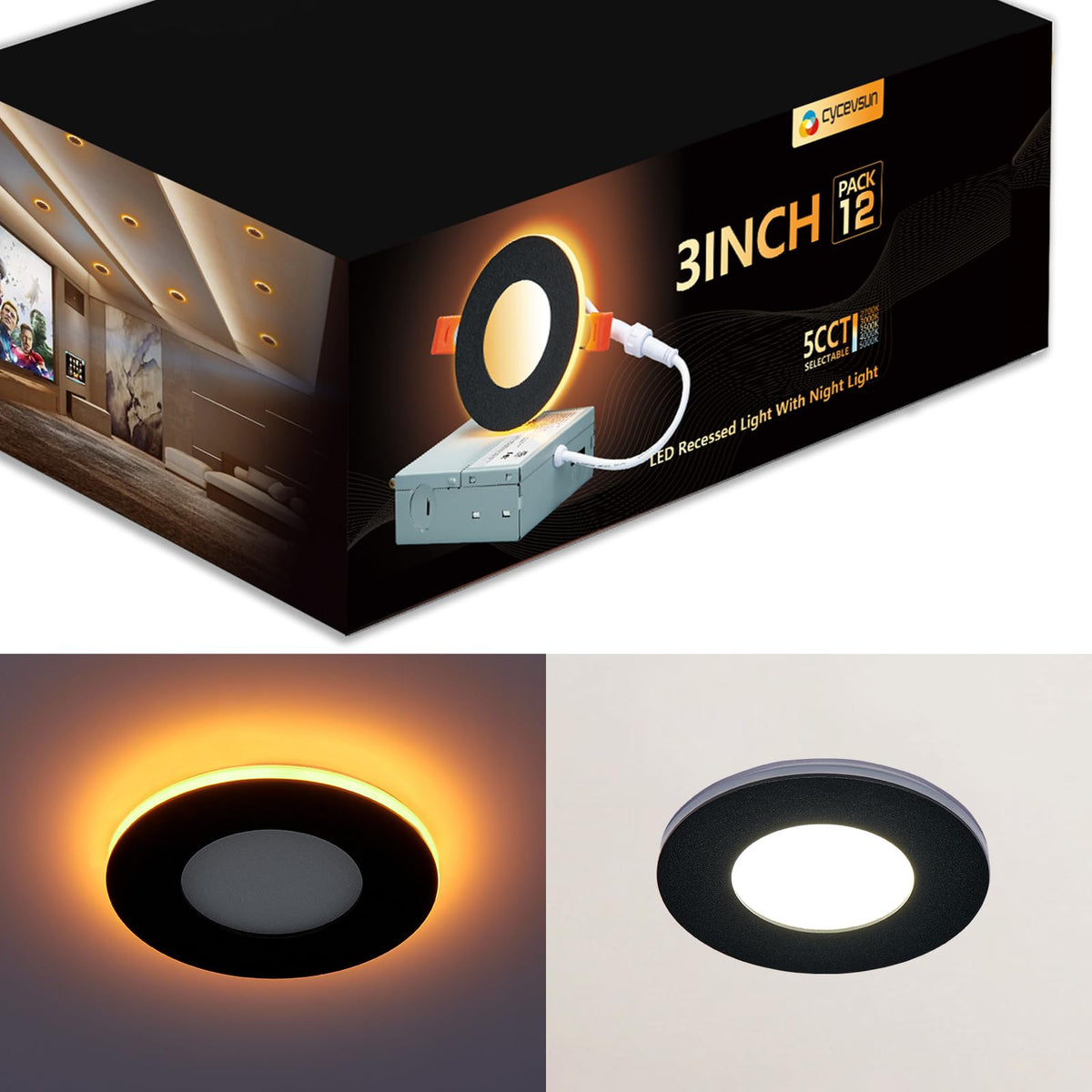 CycevSun 3 Inch Black Dimmable Recessed Lights, 5CCT Canless Downlight ...