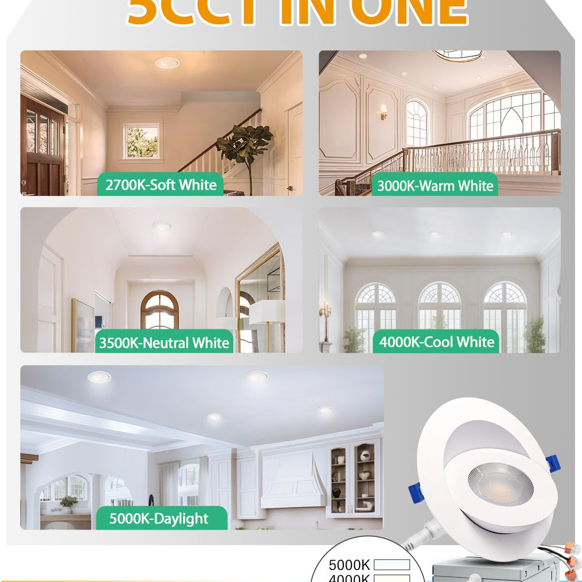 Zouzai 4 Inch 5Cct Gimbal Led Recessed Lights 360+90 Adjustable Direct ...