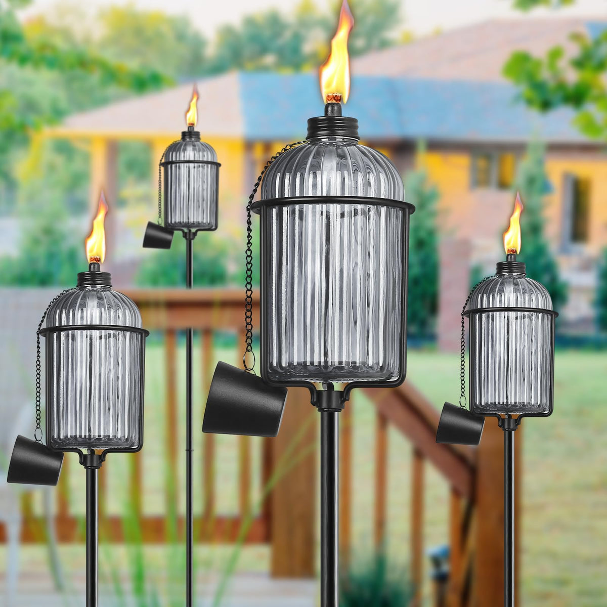 FAN-Torches 4 Pack Garden Torches, 61-Inch Gray Metal Citronella Torch ...