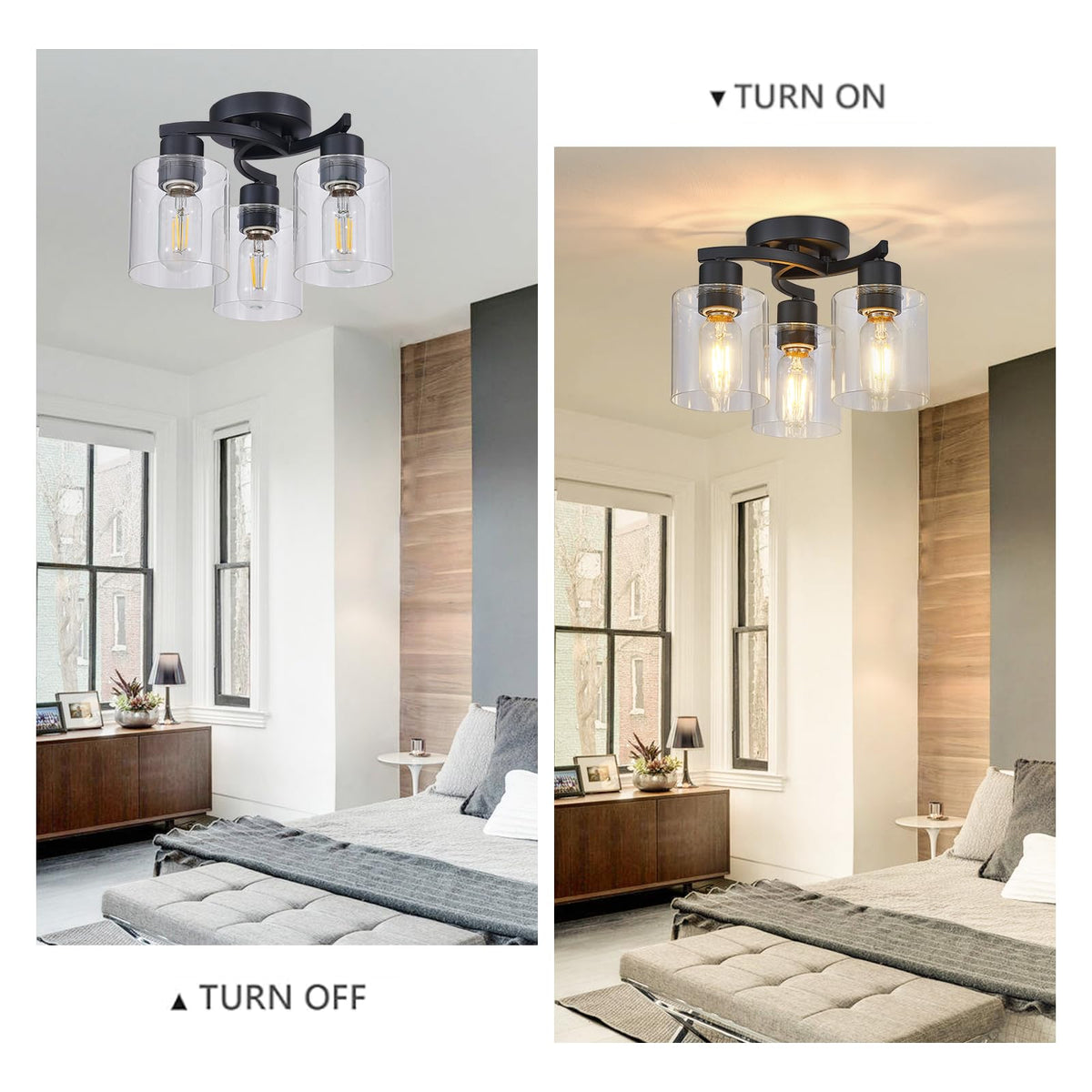 Eatich 3-Light Semi Flush Mount Ceiling Light, Matte Black Ceiling Lig ...