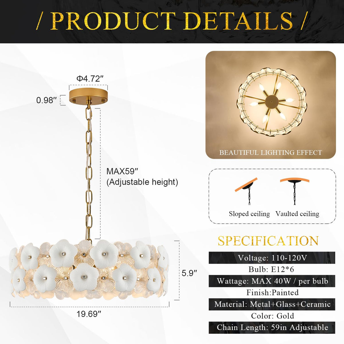 Poemoon Modern Glass Chandelier 20" Luxury 6 Lights Gold Fixture for L ...