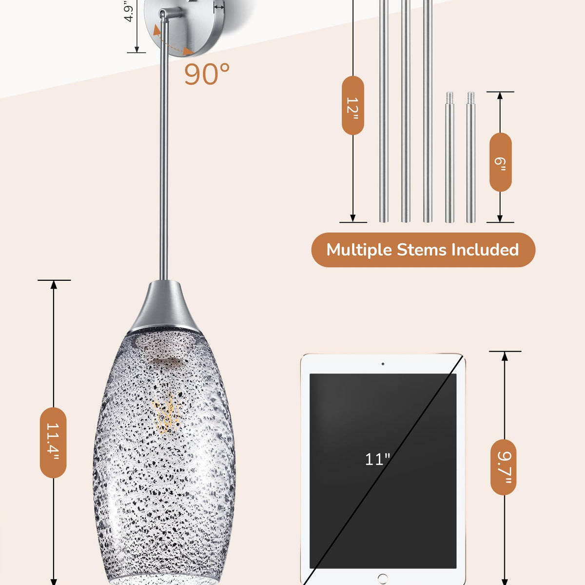 EDISHINE Pendant Light Fixture, Handcrafted Art Glass Hanging Light ...