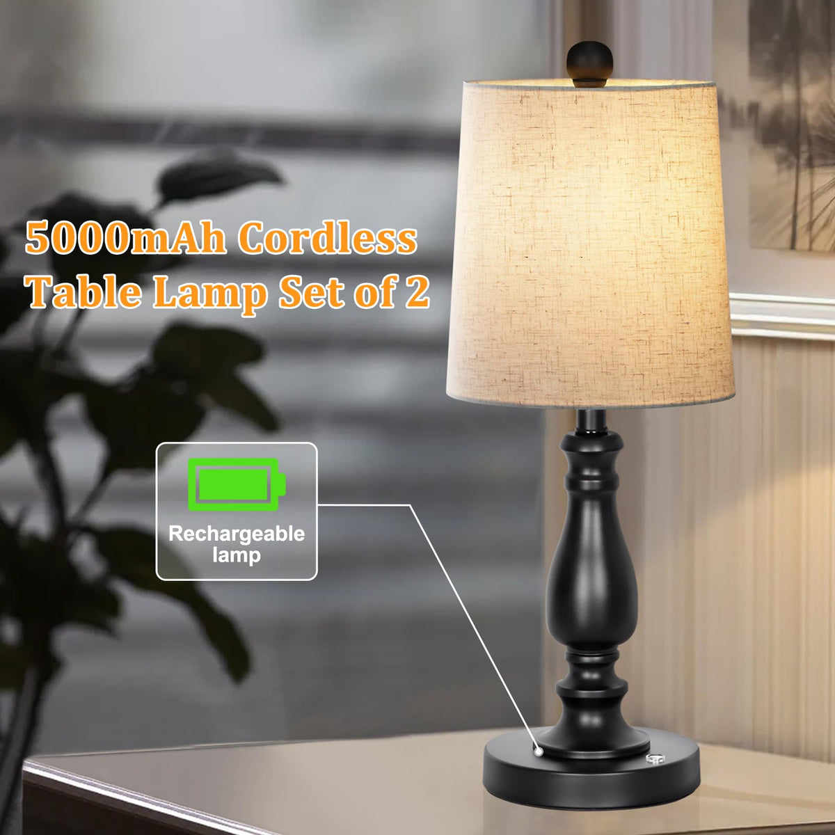 Dott Arts Cordless Table Lamps Set of 2, 3-Way Dimmable, Battery Power ...