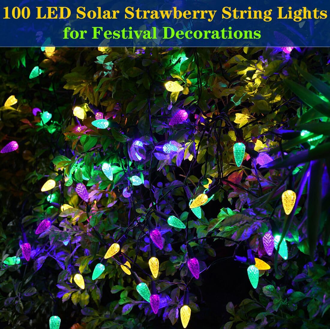 Huacenmy Solar C6 Strawberry Lights, 100 LEDs, Waterproof, 8 Modes, Ye ...