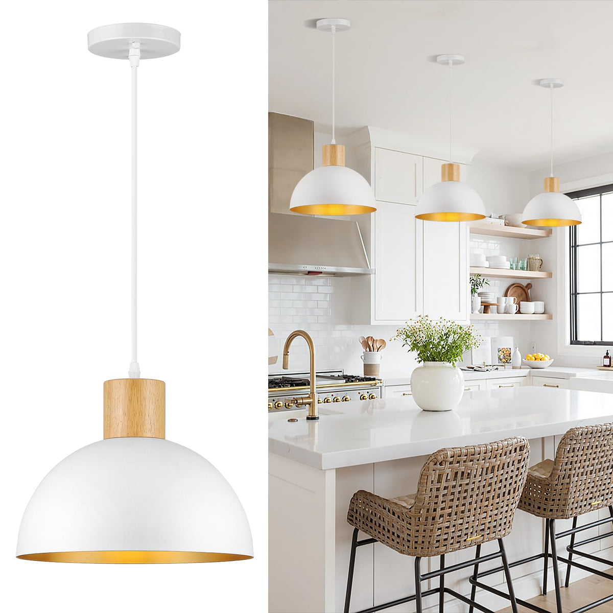 QianZhan White Pendant Light, 11.8'' Wood Dome Pendant Lights Fixtures ...