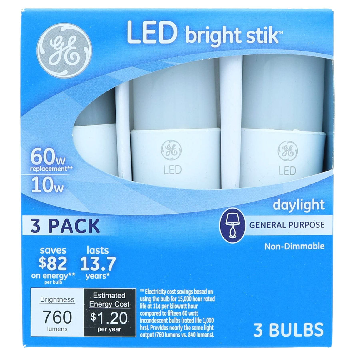 GE LED Bright Stik 10W Light Bulb, 760 Lumen, Daylight, Medium Base, 3 ...