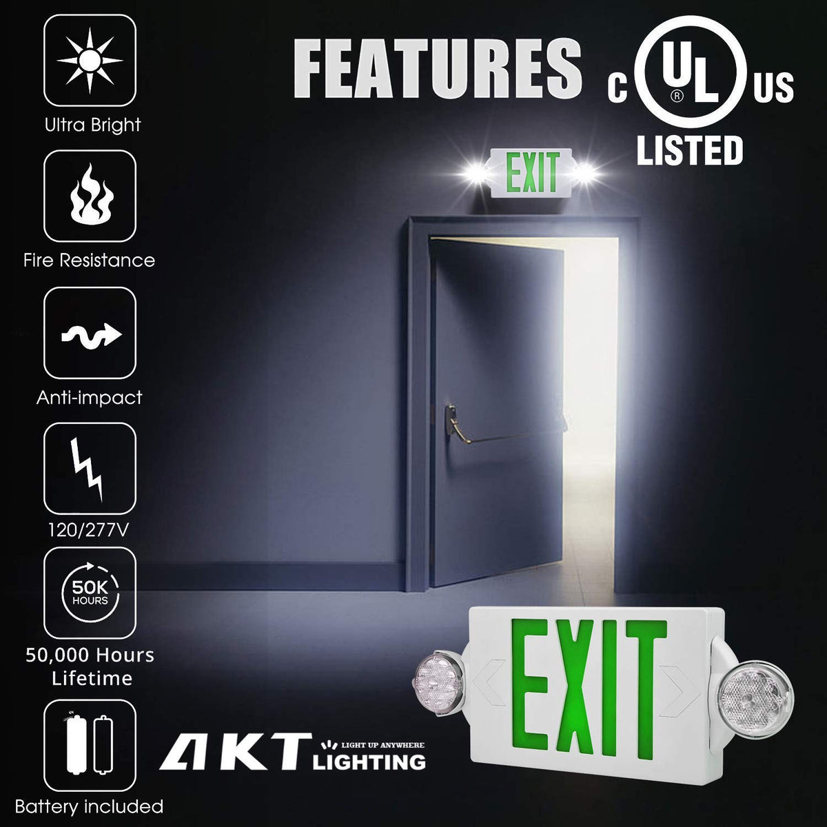 Akt Lighting Emergency Exit Light, 2 Led Heads, Ul Certified, Green, 2 ...
