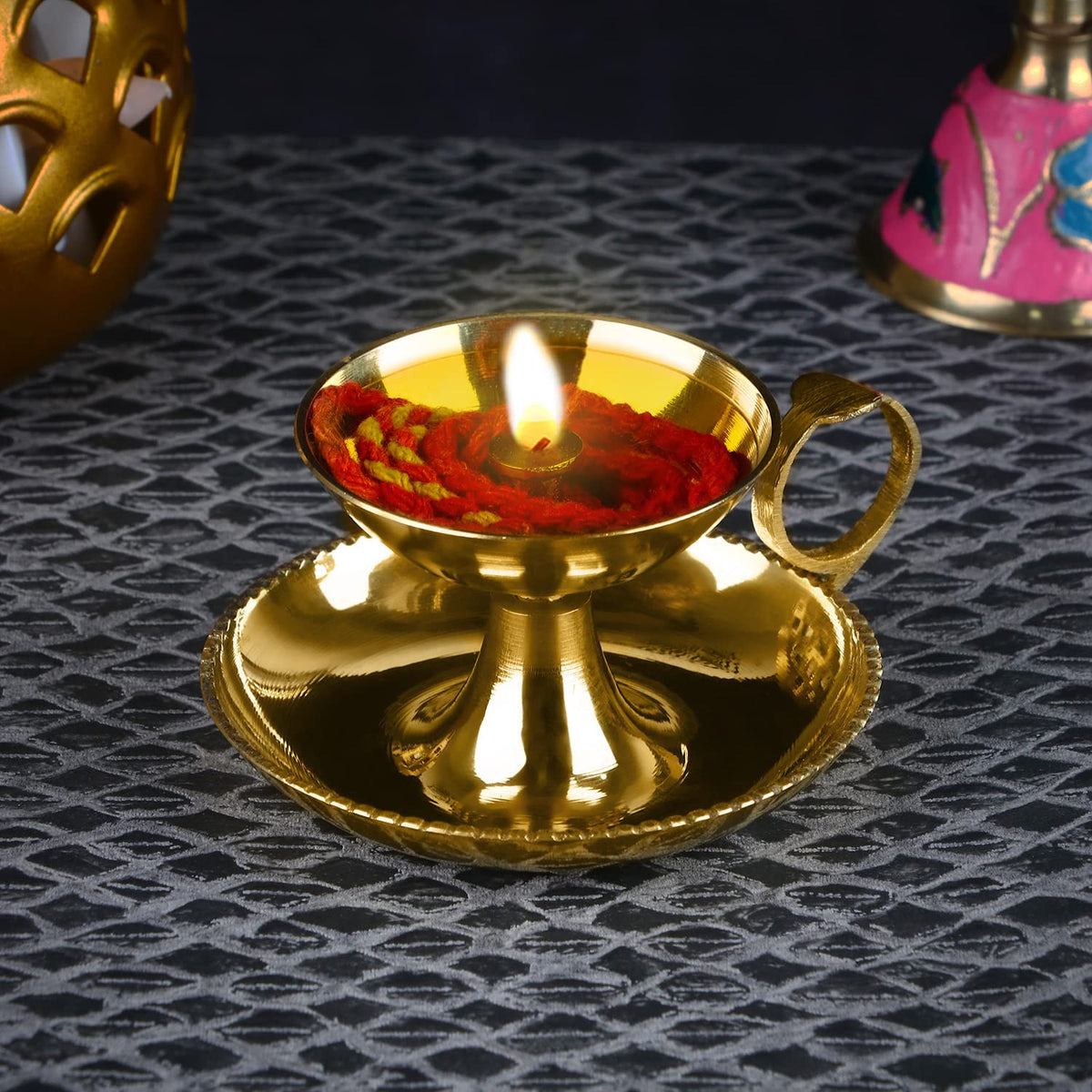 SATVIK Brass Aarti Diya with Supported Ring Handle Puja Jyot Oil Lamp ...