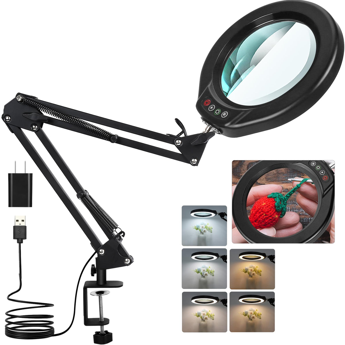 Veemagni 10X 5 Inch Large Magnifying Glass with Light and Clamp, Real ...