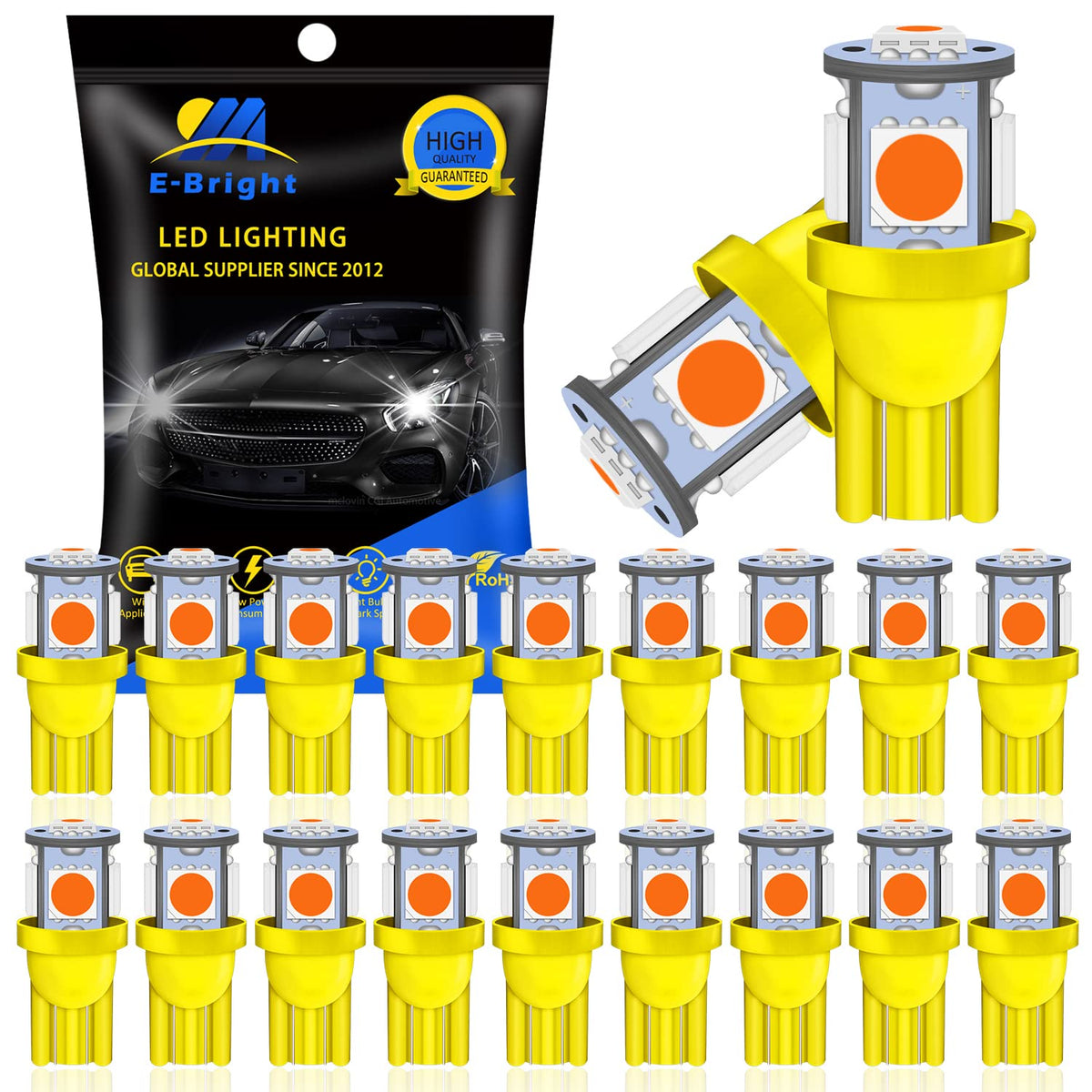 YM E-Bright Amber T10 194 LED Bulbs 5050 5 SMD for Car Dome Map Door L ...