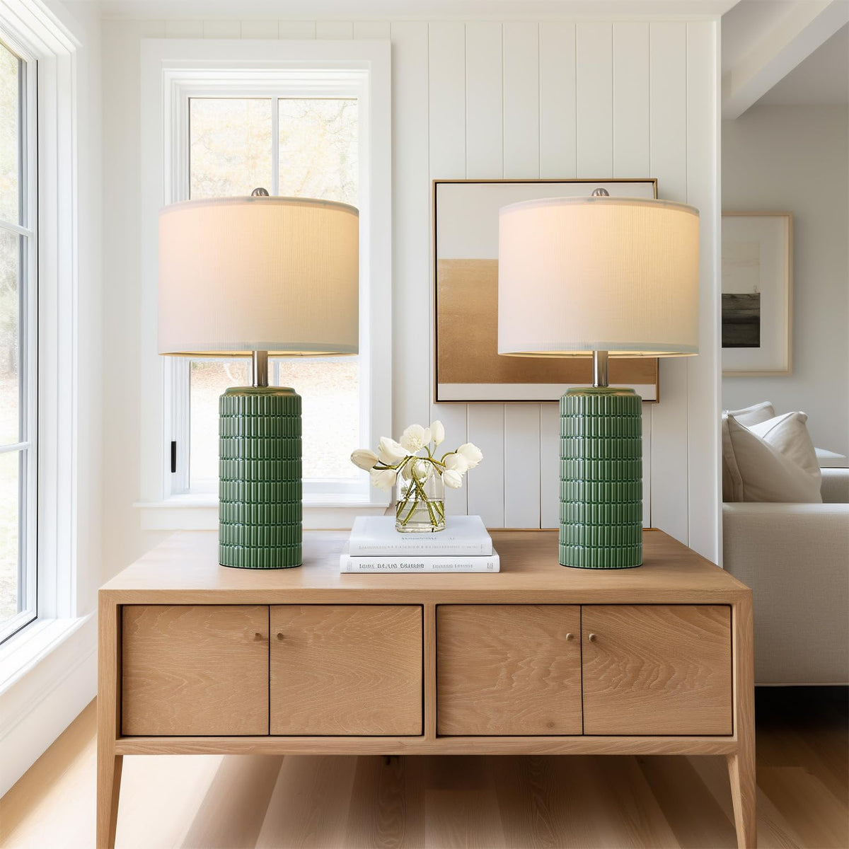 PoKat Ceramic Table Lamps Set of 2, Dark Green, 23in Modern Nightstand ...