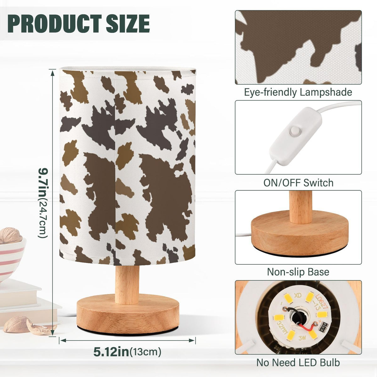 Oarencol Bedside Table Lamp Cow Print Nightstand Lamp with Wood Brown ...