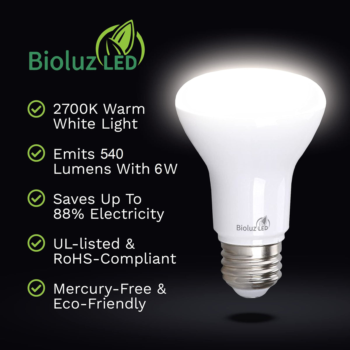 Bioluz LED R20 BR20 Bulb 2700K Warm White 6W (50W Replacement) 540 Lum ...