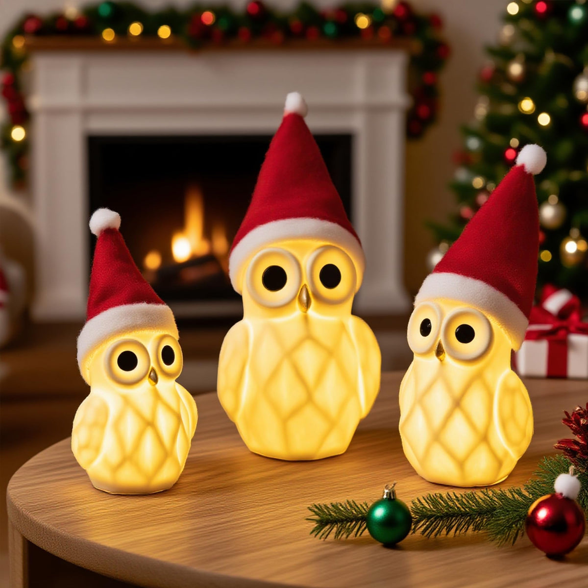 Nerosun Christmas Lighted Owl Figurines 3 Pack Ceramic White Light Up ...