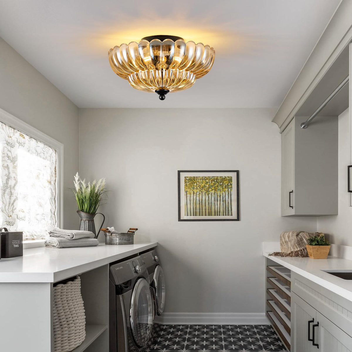 Modern Black Ceiling Light Fixture, 12'' Amber Glass Flush Mount Chand ...