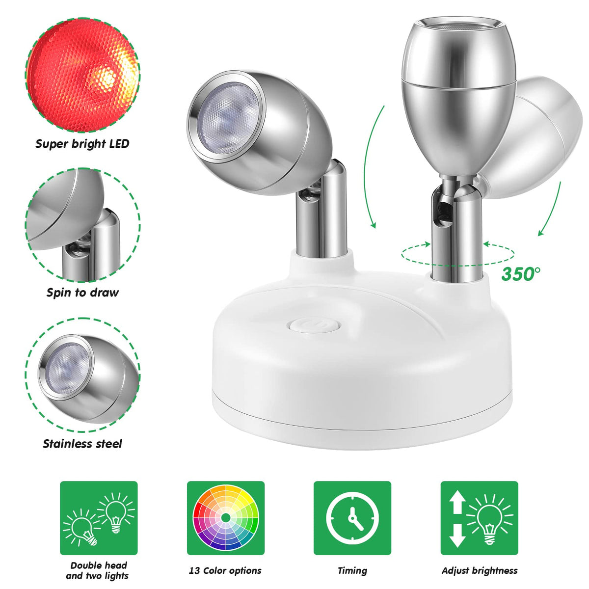 Honoson Dual Head Battery Operated Spotlights, Wireless RGB LED Accent ...