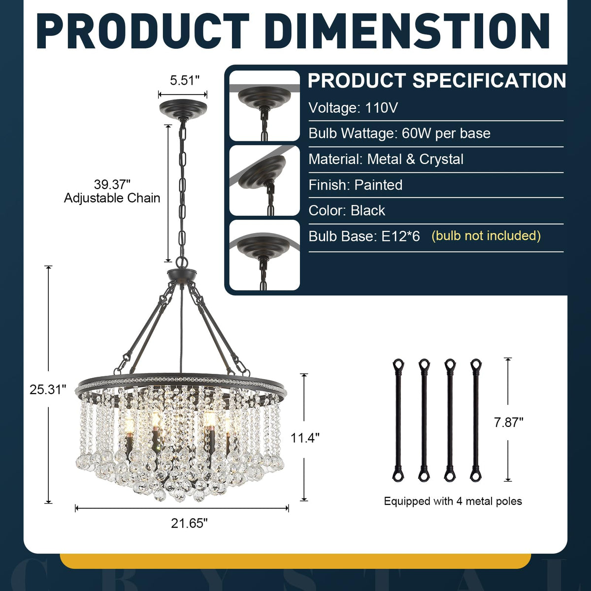 6-Light Black Crystal Chandelier Modern 21.6 Contemporary Round Pendan ...