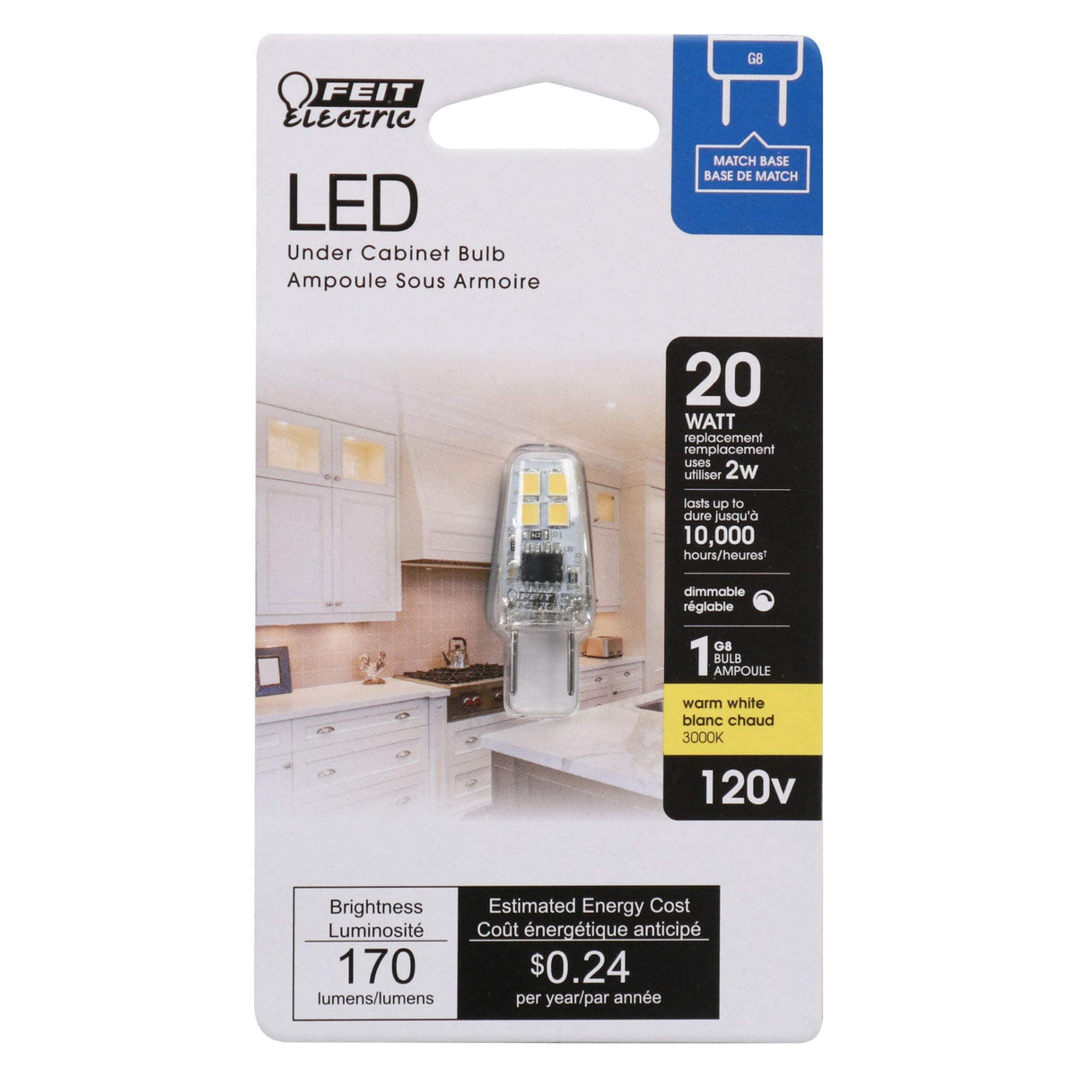 Feit Electric LED G8 Bulb, 170 Lumen, 3000K Warm White, Dimmable, 120 ...