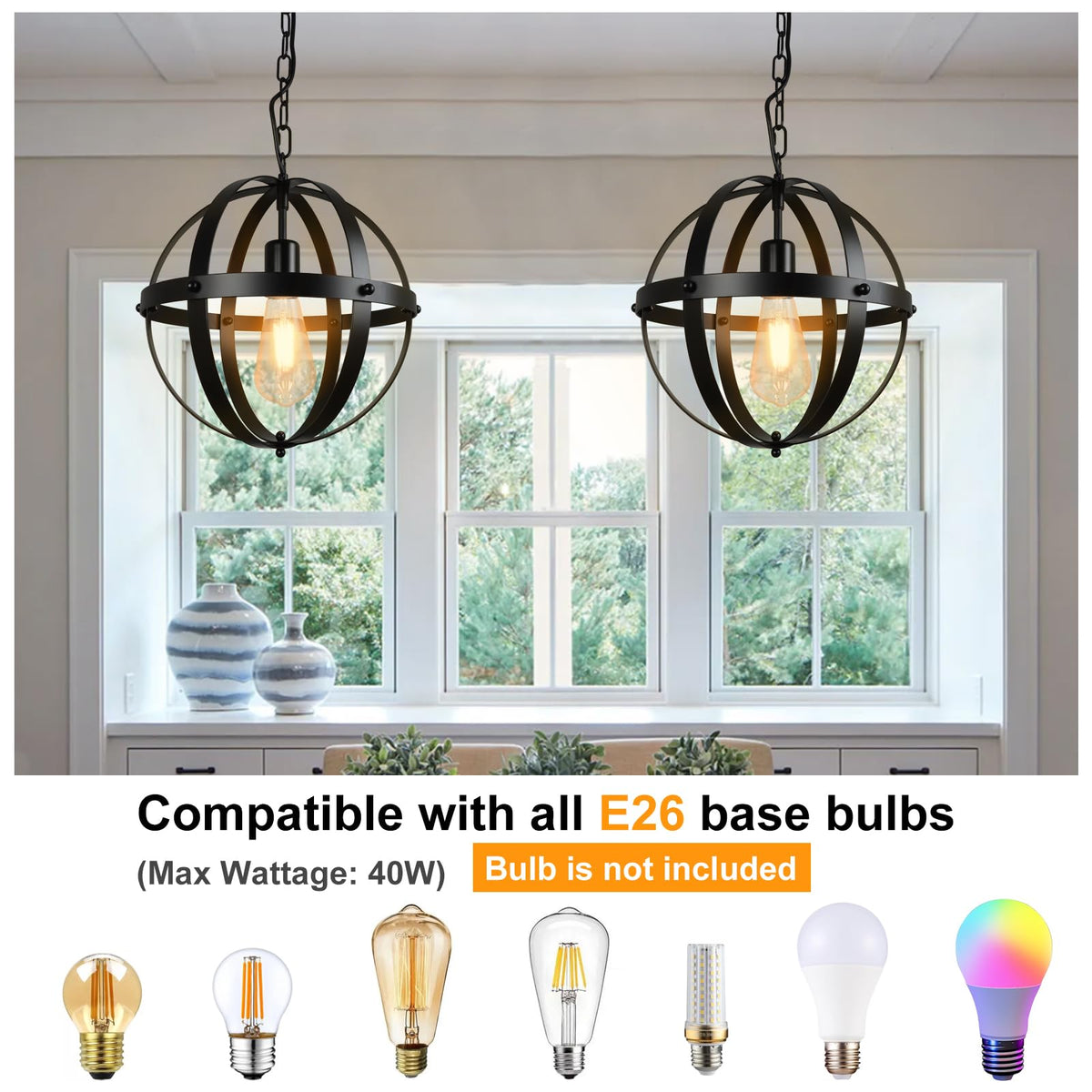 DINGLILIGHTING Vintage Globe Pendant Light, 1-Light, Matte Black, E26 ...