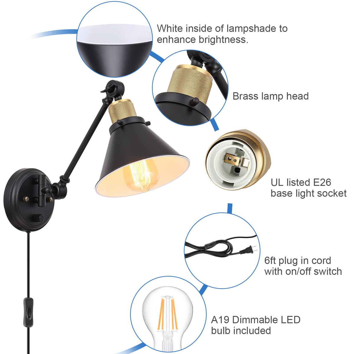 TRLIFE Wall Sconce Plug in - Dimmable Swing Arm Lights, 2 Pack, UL Lis ...
