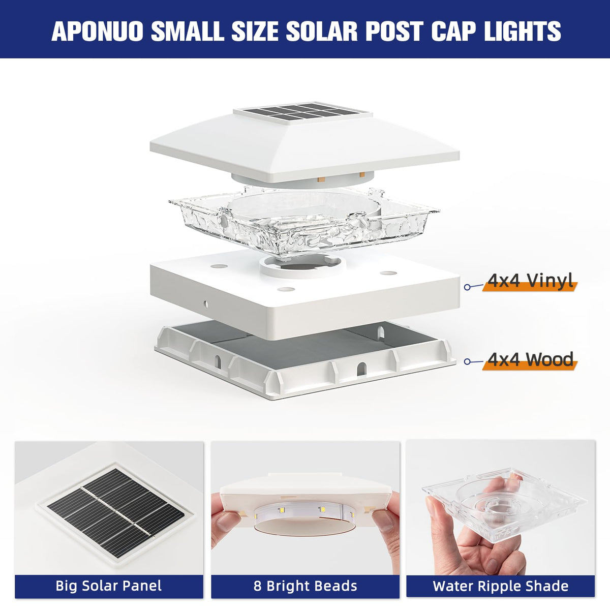 APONUO Solar Post Cap Lights for 4x4 Wood & Vinyl Posts, IP44 ...