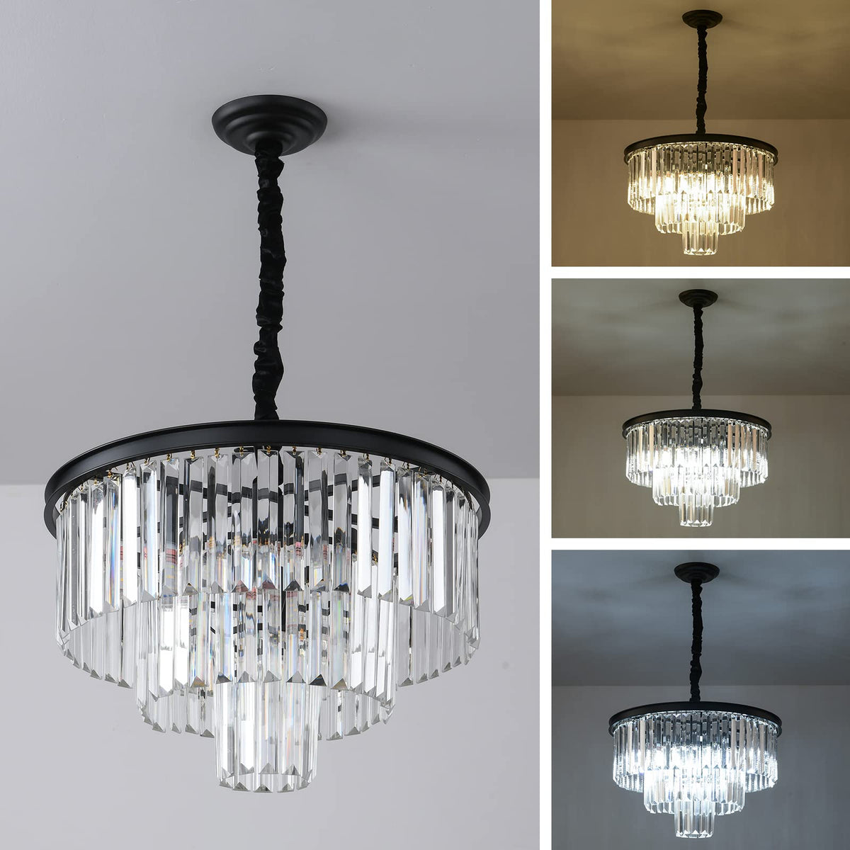 Laiuetai Black Modern Crystal Chandelier 3-Tier Round Flush Mount Ceil ...