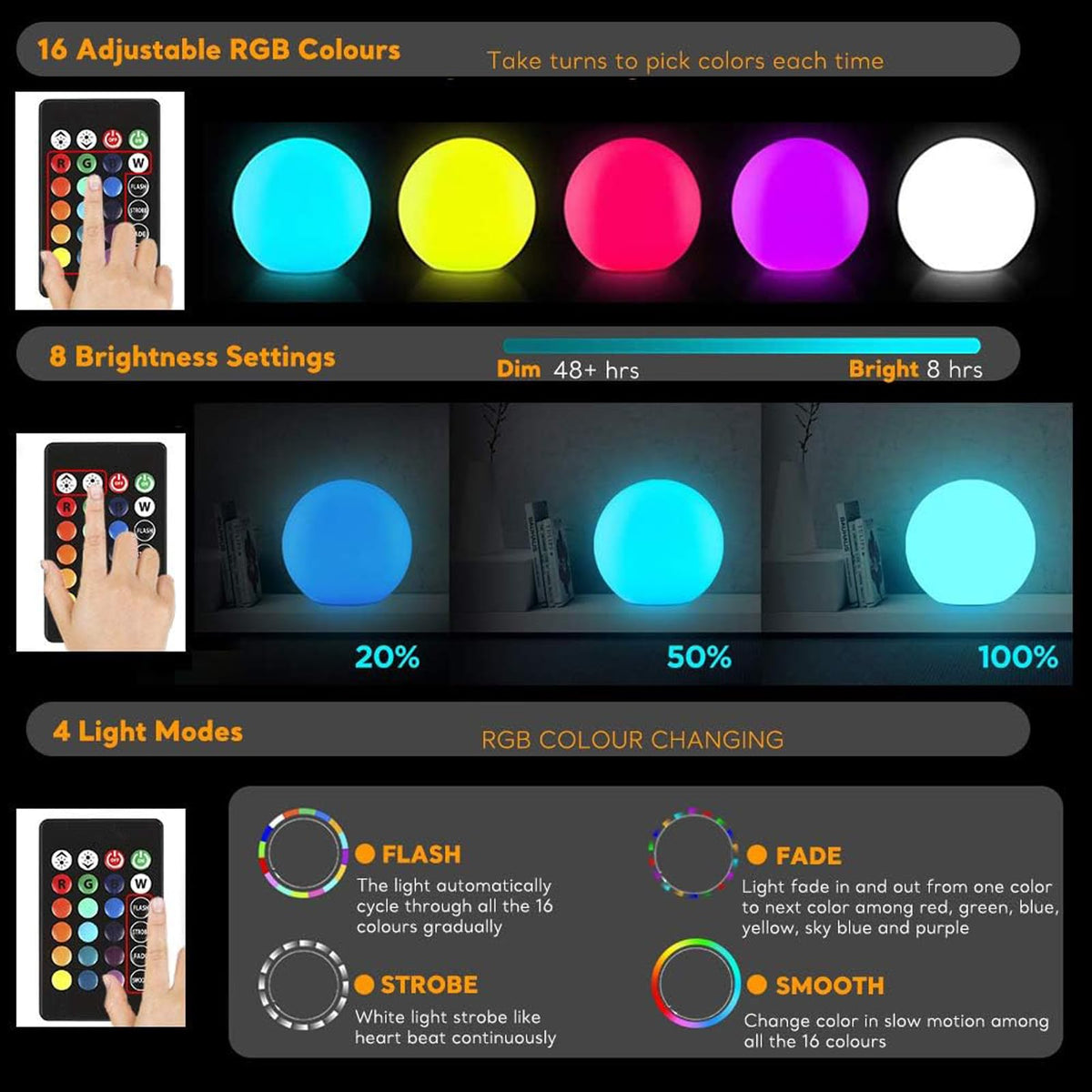 COPU LED Night Light Globe Lamp, 8 Inch, 16 RGB Colors, Dimmable, Rech ...